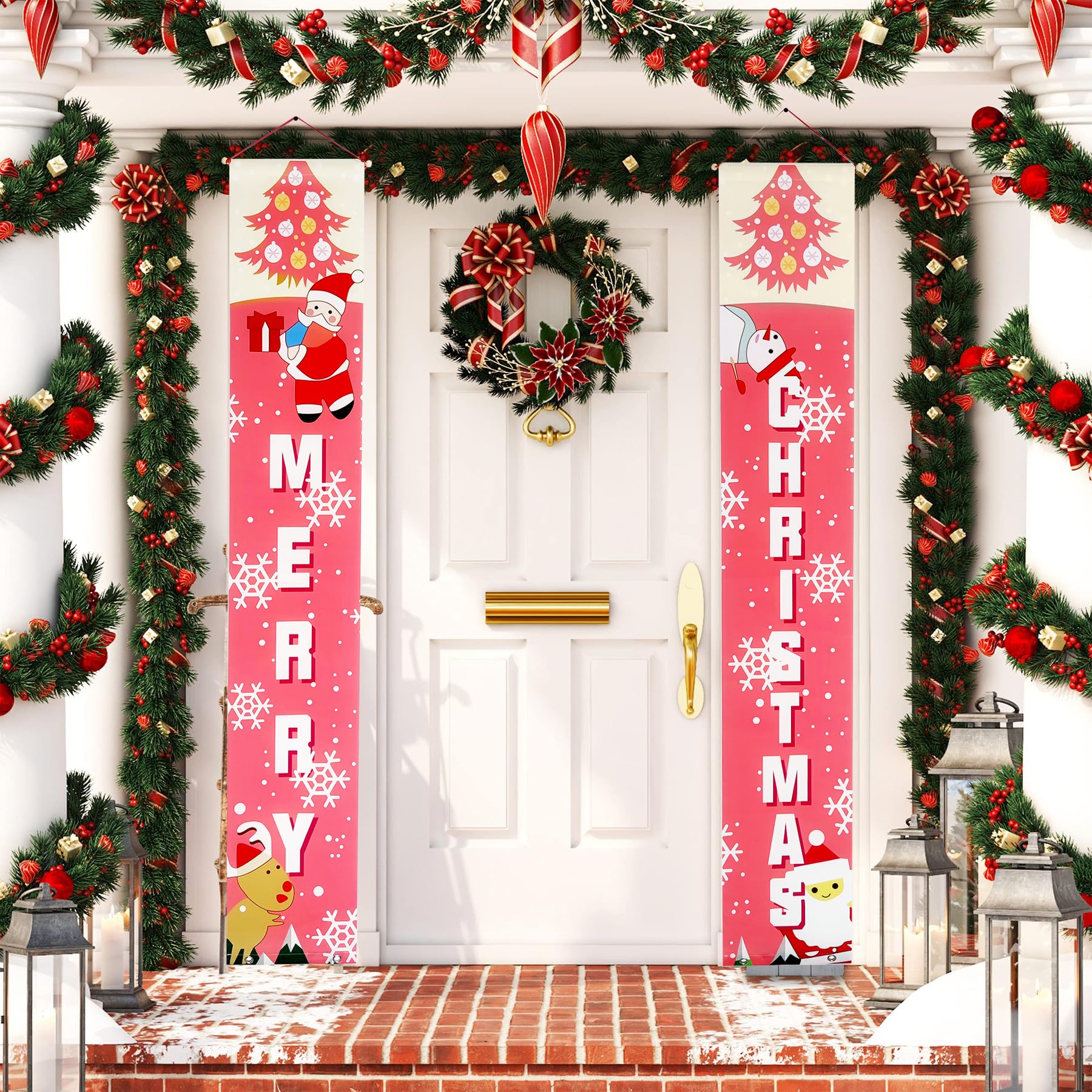 Lianxuia 2 Pcs Merry Christmas Banner, 70.86 x 11.81 Inch Christmas Porch Signs, Pink Hanging Porch Banners for Front Door, Yard, Porch, Garden Outdoor Christmas Decorations