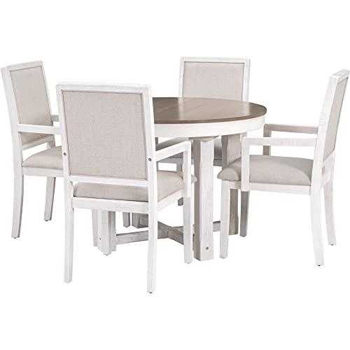 YuiHome Set 5-Piece Wooden Two-Size Round to Oval Extendable Butterfly Leaf Wood Table and 4 Upholstered Dining Chairs with Armrests for Kitchen, Dinning Room, White, Brown+Whitewash