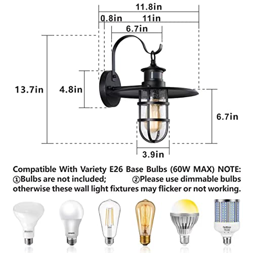 YLHogar Motion Sensor Dusk to Dawn Outdoor Wall Light Fixture Retro Black Wall Sconce,Waterproof Porch Light Wall Mount with Seeded Glass for Entryway Doorway Garden,Exterior E26 Patio Wall Lanterns