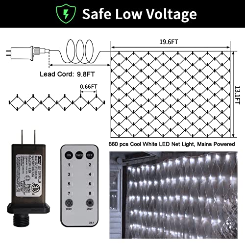 Outdoor String Lights 13.1X19.6Ft Net Bush Light Mains Powered Super Bright 660LED Fence Garden Net Light Plug in Remote Control,Clear Wire,Memory Built-in Timer Curtain Lights for Holiday,Home Decor