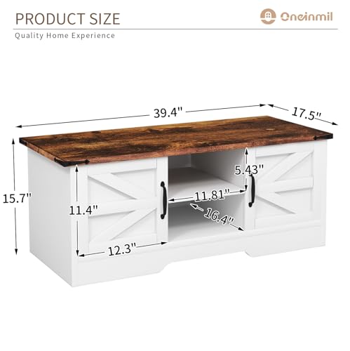 oneinmil Coffee Table with Barn Doors, Farmhouse Center Table with Storage, Modern Rustic Style Wooden Living Room Table, White