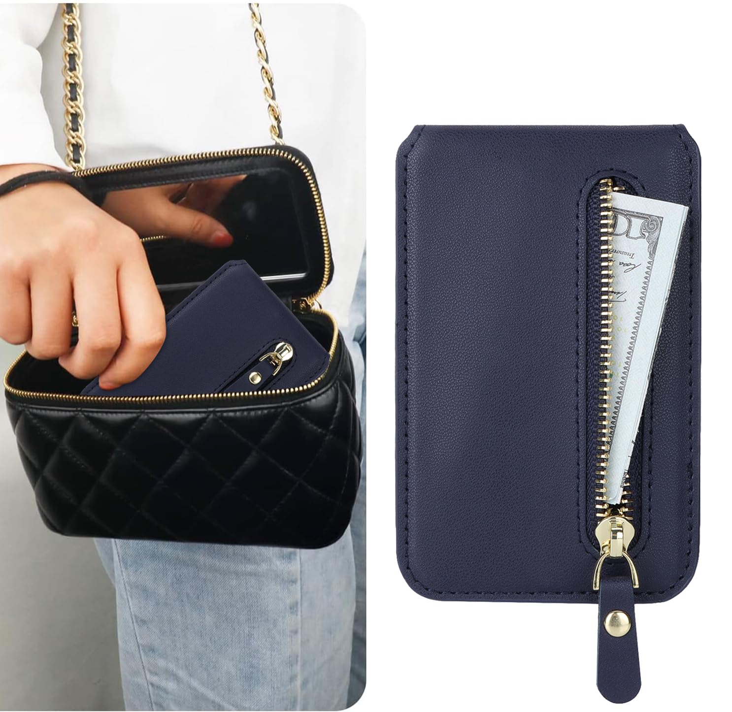 Cavor Compatible with Magsafe Wallet,Wallet with Adjustable Stand,Magnetic Wallet for iPhone 16 Pro Max/14 Pro/15/14 Plus/13/12,Magsafe Card Holder,Magsafe Phone Wallet,Zipper Pocket-Blue