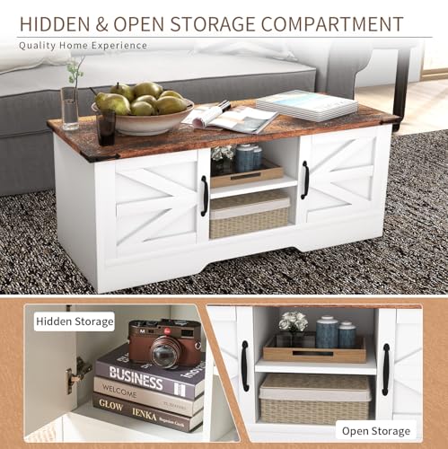 oneinmil Coffee Table with Barn Doors, Farmhouse Center Table with Storage, Modern Rustic Style Wooden Living Room Table, White