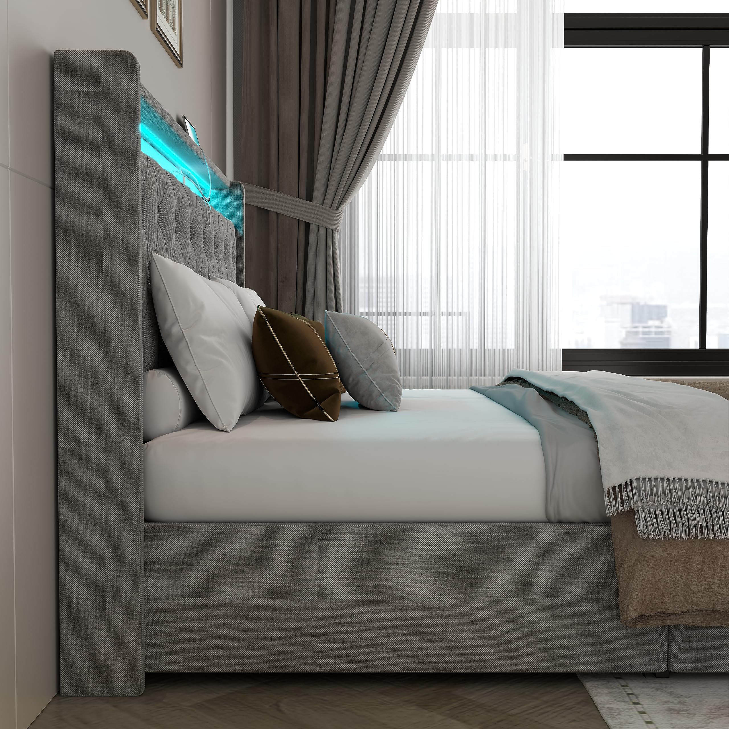 Loomie Full Lift Up Bed Frame with Charging Station & LED Lights, Upholstered Bed with Button Tufted Wingback Storage Headboard, Hydraulic Storage, No Box Spring Needed, Wood Slats Support,Light Grey