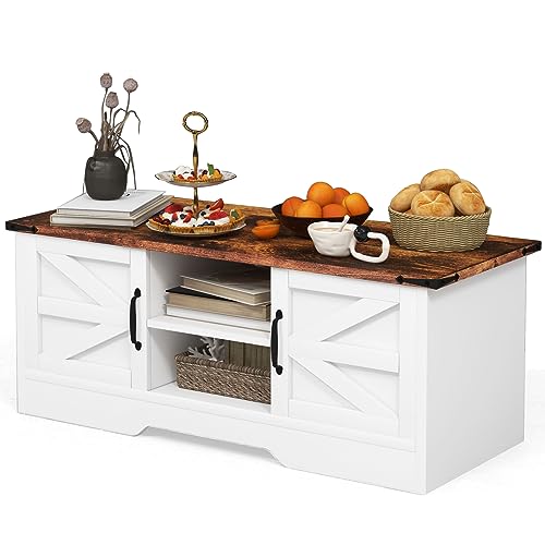 oneinmil Coffee Table with Barn Doors, Farmhouse Center Table with Storage, Modern Rustic Style Wooden Living Room Table, White