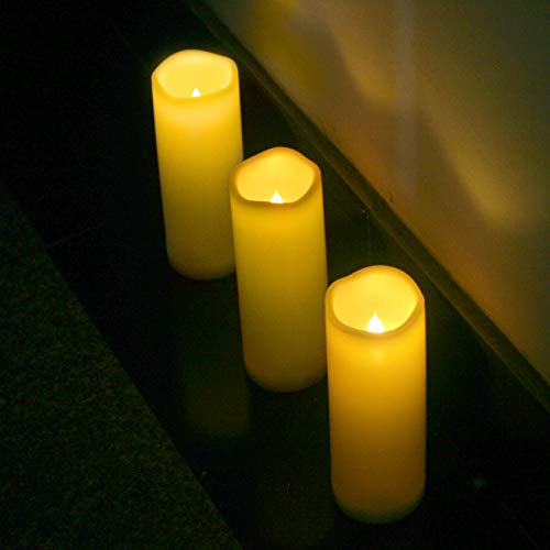 Large Outdoor Waterproof White Flameless Candles with Timer Big Battery Operated Plastic LED Pillar Candles for Garden Patio Home Wedding Party Decorations Flickering Electric Lights 3”x8” 3 Pack