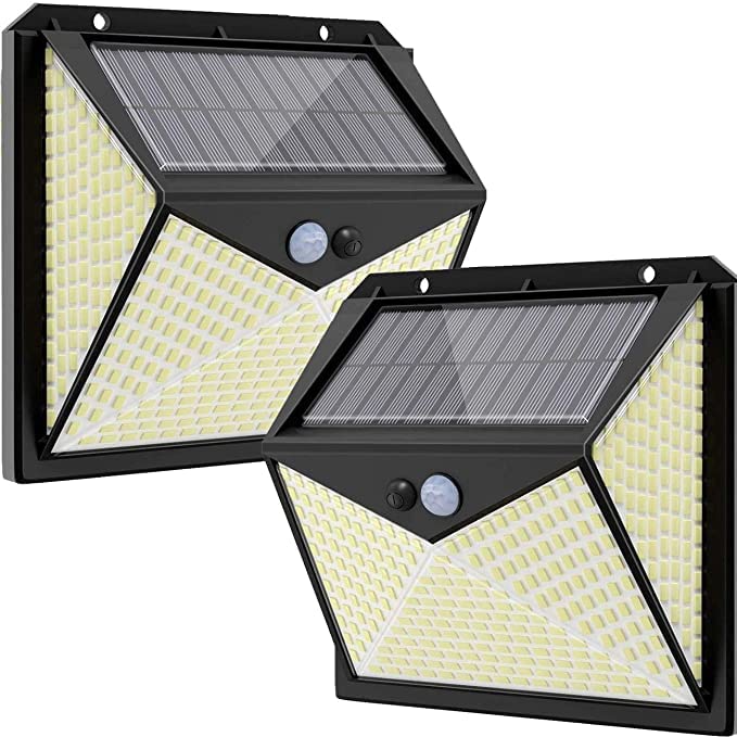 Cueplo 350 LED Solar Lights Outdoor,2 Pack IP65 Waterproof,Motion Sensor Solar Lights,Solar Powered Wall Lights Provide Eco-Friendly High-Brightness Lighting for Yard Garage Fence Garden