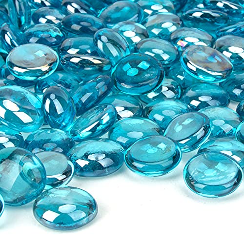 BLQH [18 Pound] Fire Glass Beads Fireglass Drops Flat Glass Beads for Gas Fire Pit Fireplace Azure Blue Luster Reflective Decorative Glass Gems for Vase Fillers Fish Tank Aquarium Decoration (18.6)