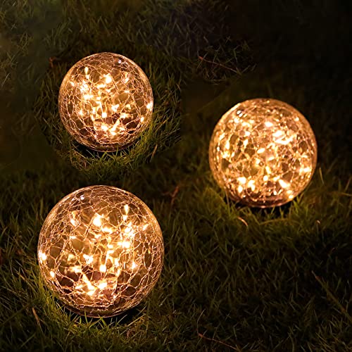 Garden Solar Lights, 2 Packs Cracked Glass Ball Solar Ground Lights Waterproof Warm White LED for Pathway Patio Yard Lawn Outdoor Decor 3.9Inch