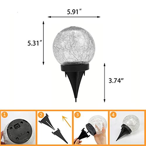 Garden Solar Lights, 2 Packs Cracked Glass Ball Solar Ground Lights Waterproof Warm White LED for Pathway Patio Yard Lawn Outdoor Decor 3.9Inch