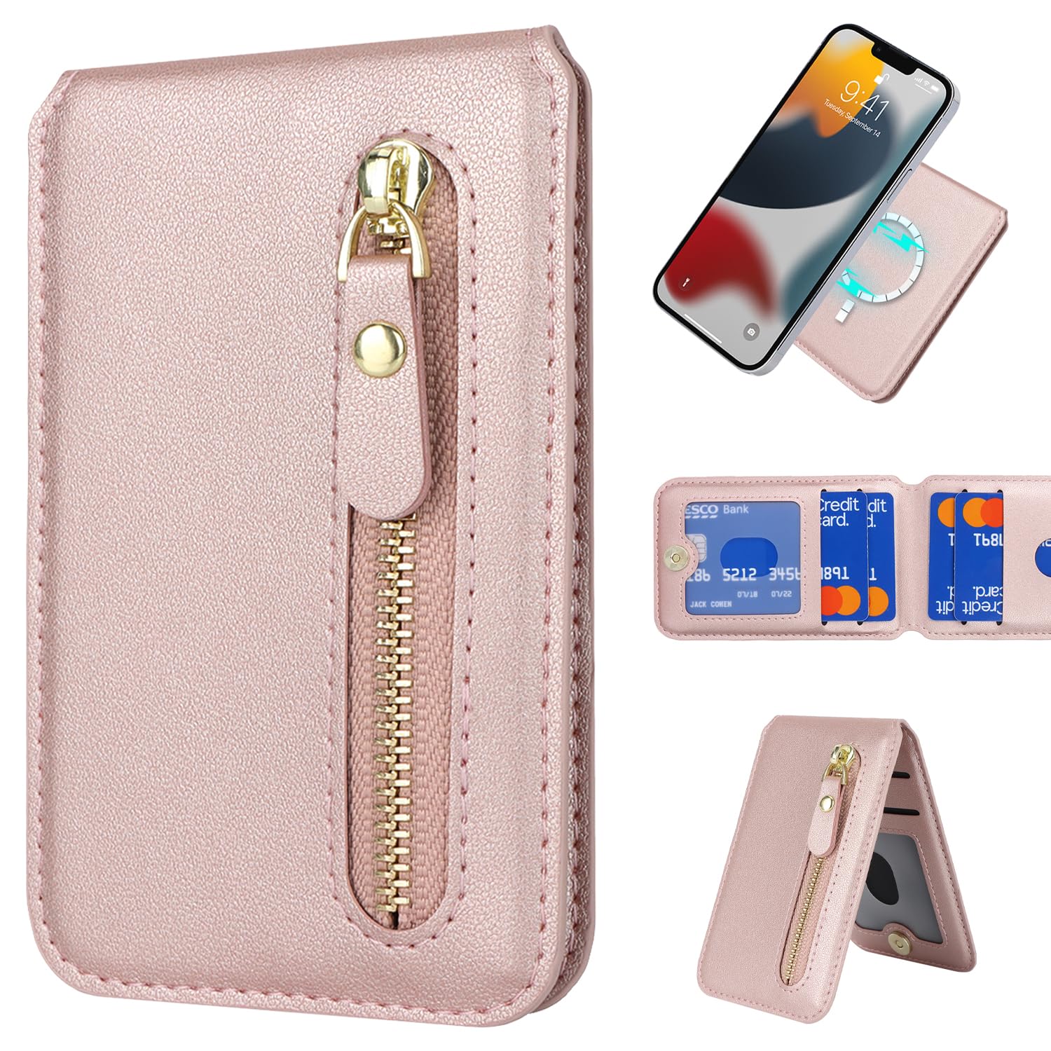 Cavor Compatible with Apple Magsafe Wallet with Adjustable Stand,Magnetic Wallet for iPhone 16 Pro Max/15/14 Plus/13/12 Magsafe Card Holder Magsafe Phone Wallet Zipper Pocket-Pink