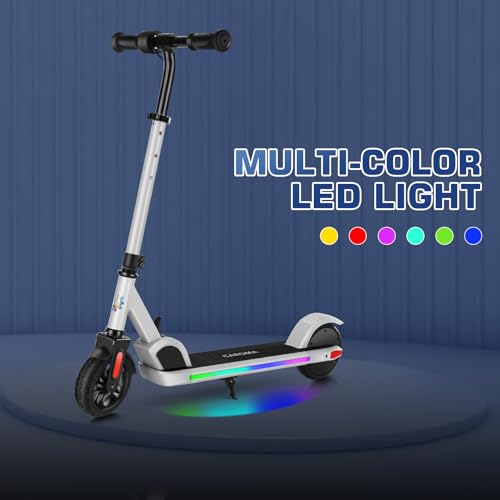 Caroma Electric Scooter for Kids Ages 8-12, Max 7 Miles Range and 10 Mph Max Speed, Colorful Rainbow Light, UL2272 Certification, Lightweight Electric Kick Scooter for Kids Boy Girl (Silver)