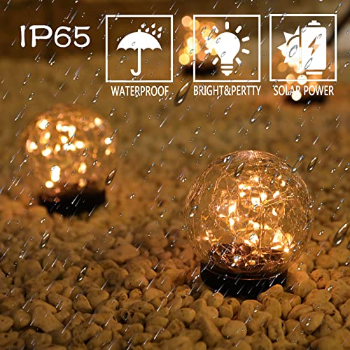 Garden Solar Lights, 2 Packs Cracked Glass Ball Solar Ground Lights Waterproof Warm White LED for Pathway Patio Yard Lawn Outdoor Decor 3.9Inch