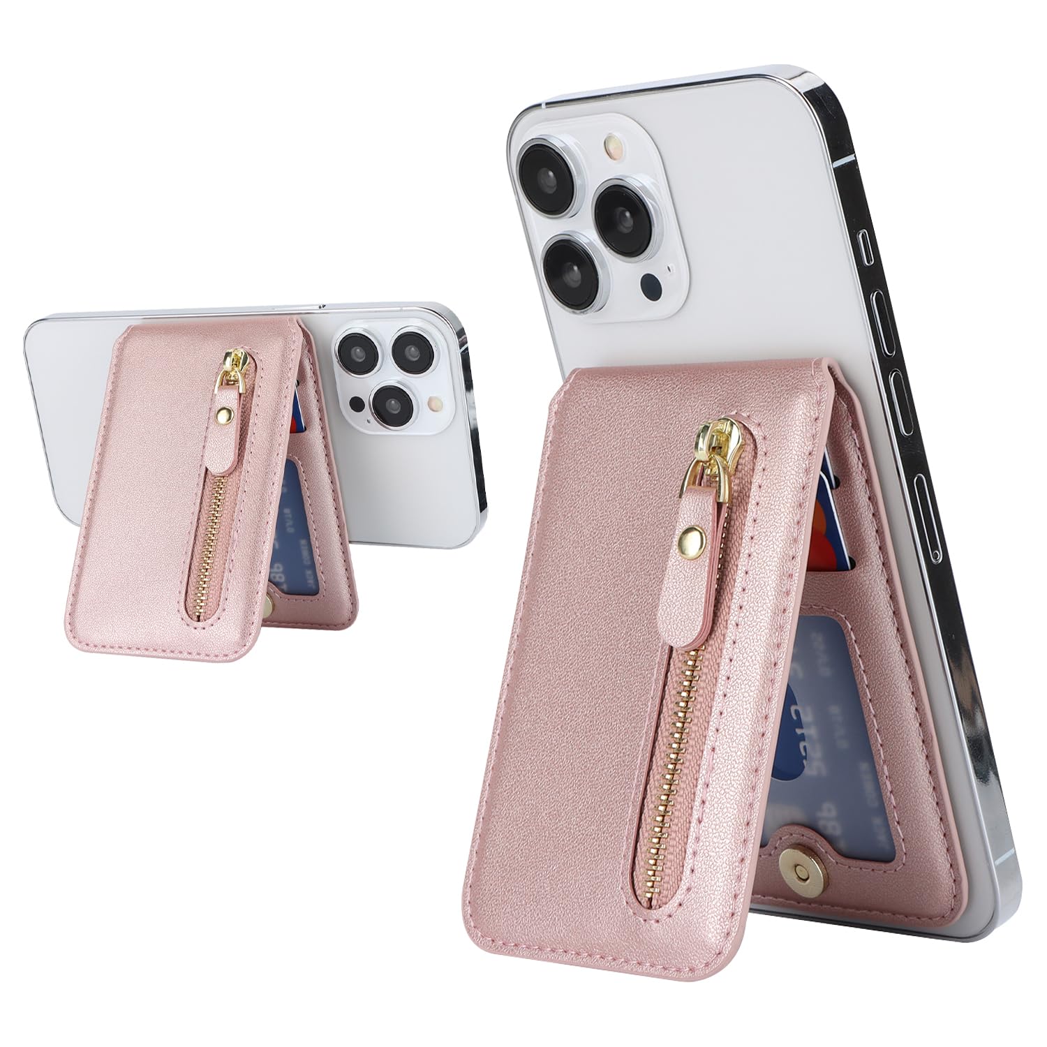 Cavor Compatible with Apple Magsafe Wallet with Adjustable Stand,Magnetic Wallet for iPhone 16 Pro Max/15/14 Plus/13/12 Magsafe Card Holder Magsafe Phone Wallet Zipper Pocket-Pink