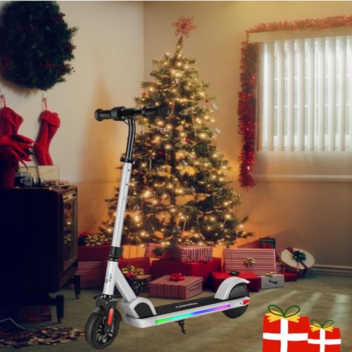 Caroma Electric Scooter for Kids Ages 8-12, Max 7 Miles Range and 10 Mph Max Speed, Colorful Rainbow Light, UL2272 Certification, Lightweight Electric Kick Scooter for Kids Boy Girl (Silver)