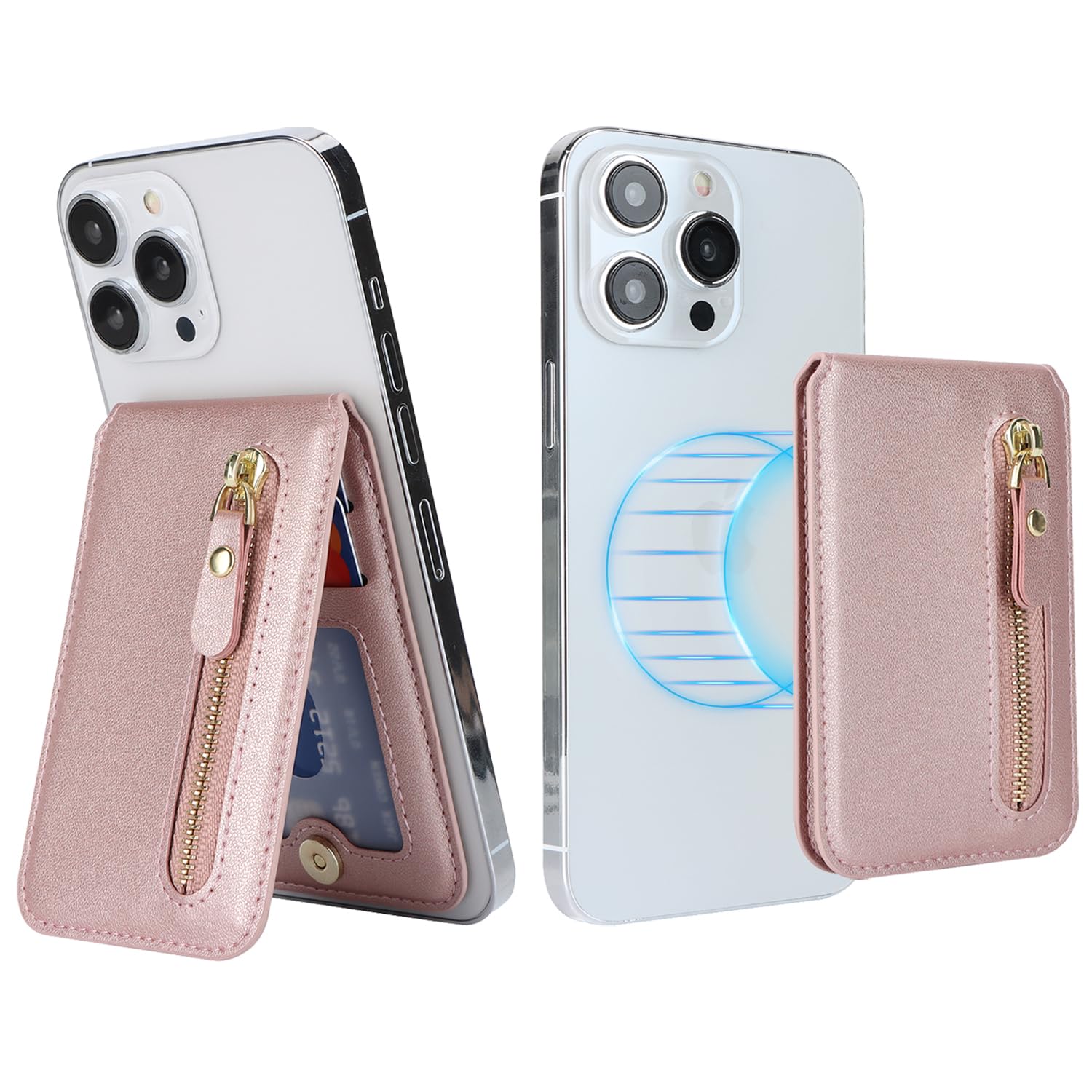 Cavor Compatible with Apple Magsafe Wallet with Adjustable Stand,Magnetic Wallet for iPhone 16 Pro Max/15/14 Plus/13/12 Magsafe Card Holder Magsafe Phone Wallet Zipper Pocket-Pink