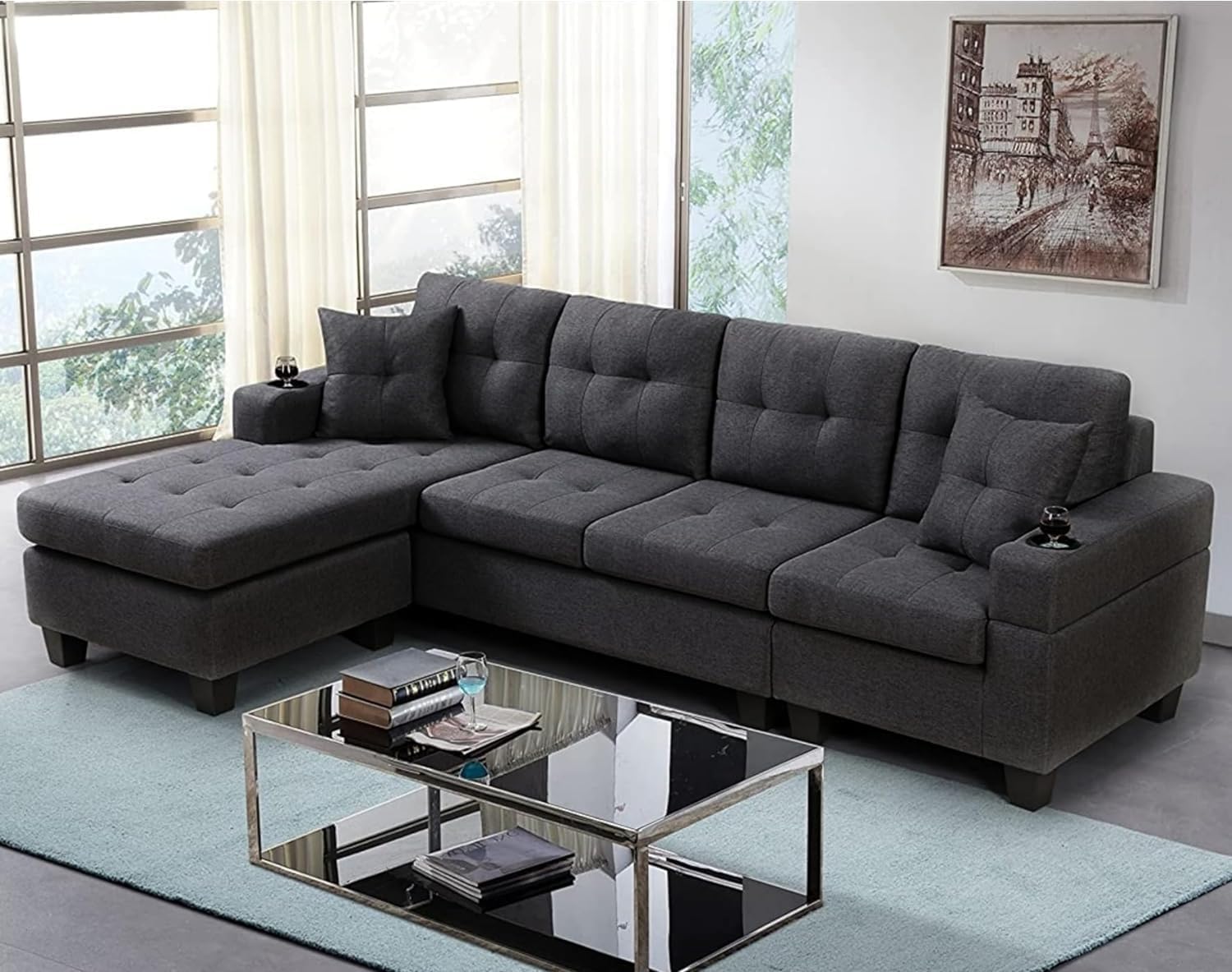 Morhome Upholstered Reversible Sofa,Modern L Shaped Couch with Left Or Right Hand Chaise and Cup Holder for Living Room Small Space