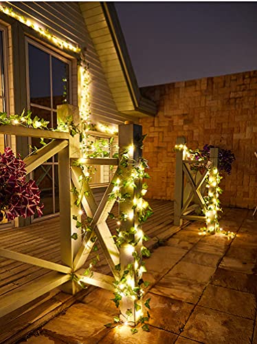 XSFANCYFUN Solar Vine String Light Outdoor Waterproof Artificial Vine Hanging Fairy Lights Fake Maple Ivy Leaf Green Rattan with 13FT/4M 20LED String Lights for Party Wedding Garden Aesthetic Decor