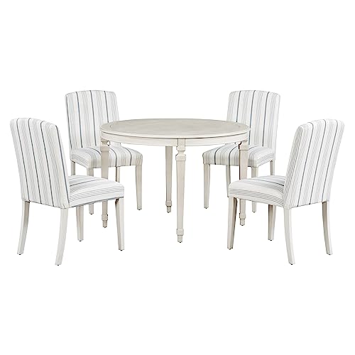 FIQHOME 5 Pieces Set, Round Solid Wood Legs and 4 Striped Fabric Upholstered Chairs, Dining Table for Small Spaces, Apartment,White