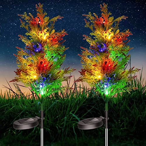 2PCs Solar Garden Lights Christmas Tree Outdoor Decorations, 2.4ft Small LED Solar Path Lights Multi-Color Flickering Solar Stake Yard Lights for Patio, Courtyard, Lawn Xmas Ornaments, IP65 Waterproof
