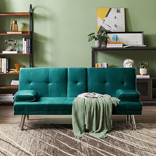 Eafurn Upholstered Futon Sofa Bed with Mattress and Frame, Convertible Loveseat Lounge Couch Daybed,Folding Love Seat w/Adjustable Backrest Sofabed, Green Soft Velvet