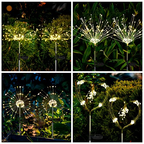 Solar Garden Lights, 4 Pack Solar Firework Lights Waterproof 105 LED Solar Garden Decorative Lights with 2 Lighting Modes DIY Landscape Lights for Garden Pathway Lawn Patio Decor (Warm White)