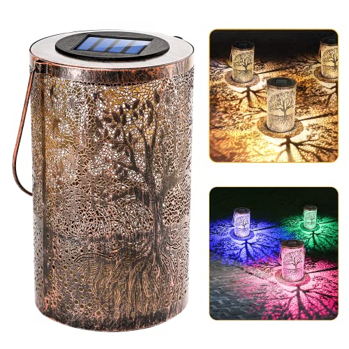 MerKioo Lantern Solar Lights Outdoor, Color Changing/Warm White Hanging Garden Solar Lanterns Retro Metal Tree Decor Solar Lights Waterproof for Yard Table Patio Party (1 Pack, RGB/WW)