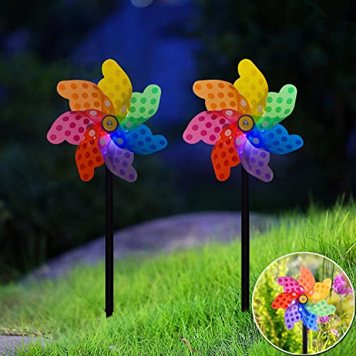 2 Pack Garden Pinwheel Solar Wind Spinner Lights Decorative Solar Stake Light Waterproof LED Yard Windmills Outdoor for Pathway Walkway Party Decor