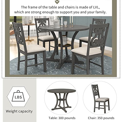 FIQHOME Dining Table Set, 5-Piece Round Dining Table and Chair Set with Special-Shaped Legs and an Exquisitely Designed Hollow Chair Back in The Dining Room,Grey