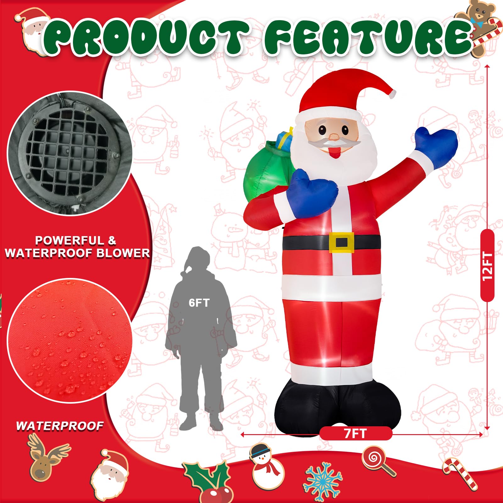 B&D 12FT Giant Christmas Inflatables Santa Claus Outdoor Decorations, Christmas Blow Up Santa Yard Decorations with Gift Bag Built-in LED Lights, Inflatable Christmas Decorations for Yard Garden Lawn