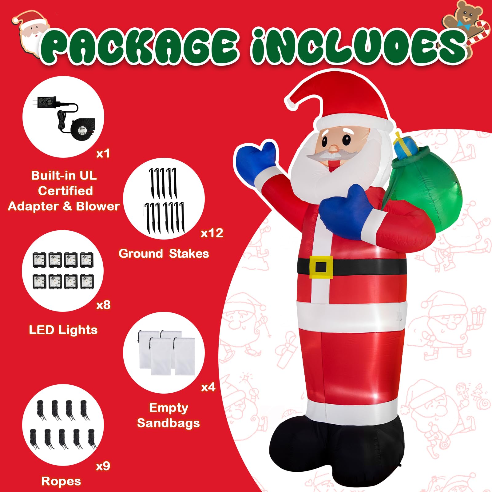 B&D 12FT Giant Christmas Inflatables Santa Claus Outdoor Decorations, Christmas Blow Up Santa Yard Decorations with Gift Bag Built-in LED Lights, Inflatable Christmas Decorations for Yard Garden Lawn