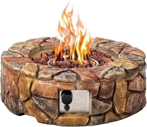 Renatone 40,000 BTU Propane Gas Fire Pit, 28 Inch Round Stone Fire Pit with PVC Cover, Lava Rock, 10ft Gas Pipe, ETL Certified, Stainless-Steel Gas Burner for Patio Garden Backyard Deck (Brown)