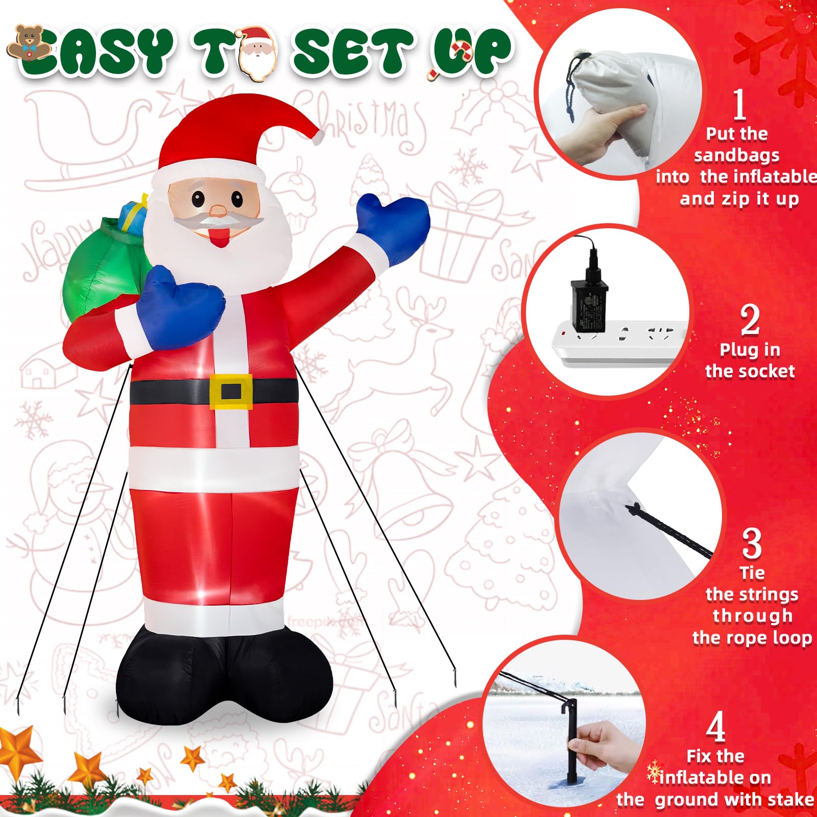 B&D 12FT Giant Christmas Inflatables Santa Claus Outdoor Decorations, Christmas Blow Up Santa Yard Decorations with Gift Bag Built-in LED Lights, Inflatable Christmas Decorations for Yard Garden Lawn