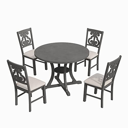 FIQHOME Dining Table Set, 5-Piece Round Dining Table and Chair Set with Special-Shaped Legs and an Exquisitely Designed Hollow Chair Back in The Dining Room,Grey