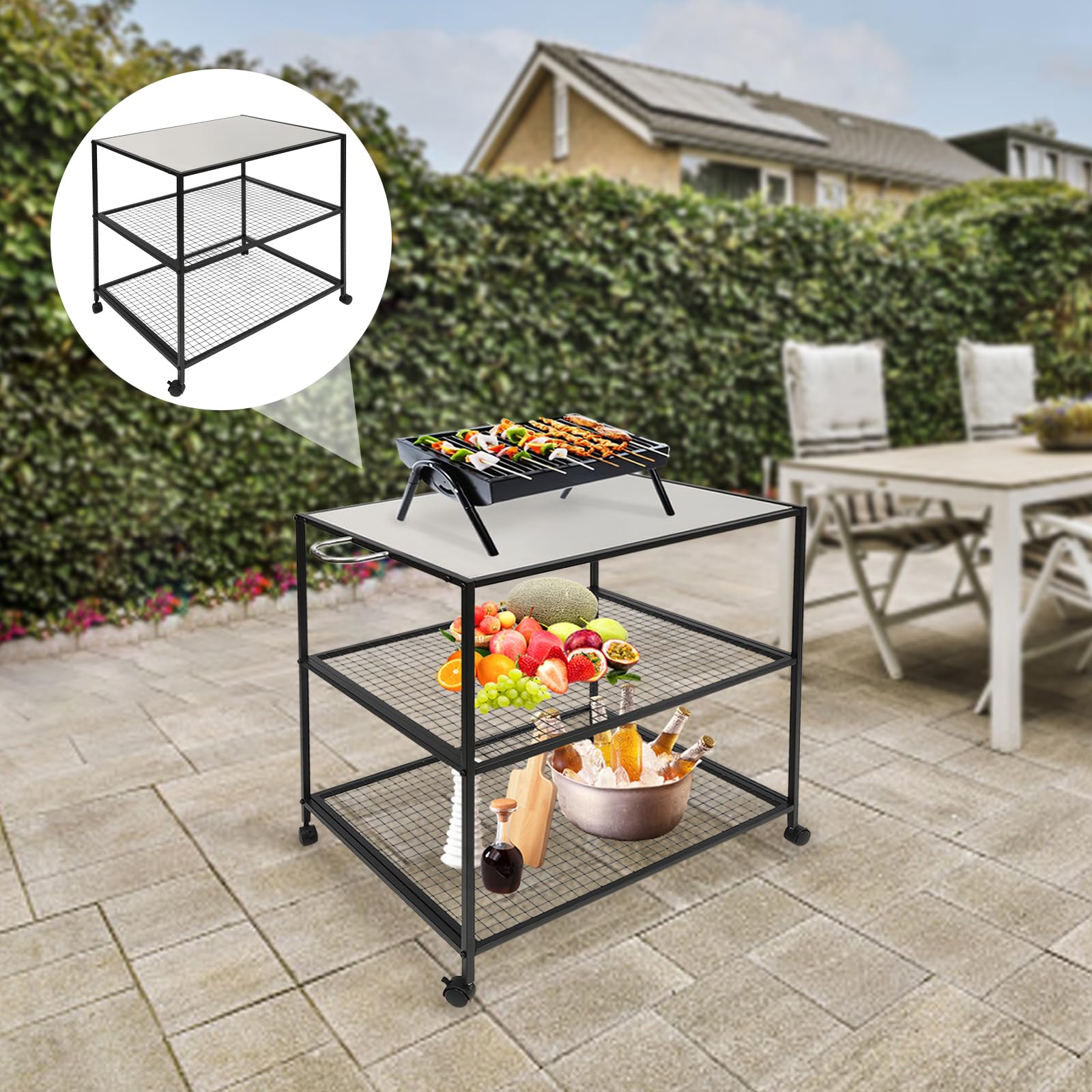 RIAHNEAH Outdoor Grill Cart with Wheels, Picnic Table with 3 layerStorage Shelves, Movable Dining Cart Worktable Trolley for BBQ, Portable Dining Cart Patio Bar Table