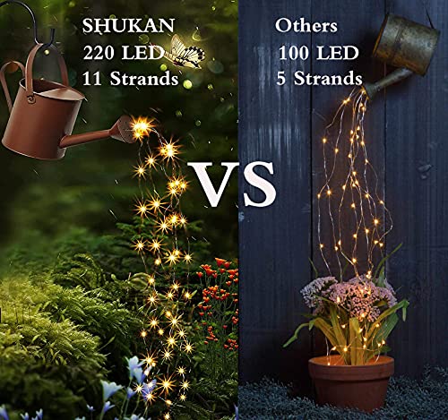 220LED Upgrade Solar Fairy Lights Outdoor Waterproof,11 Strand Solar Firefly Bunch Lights with 8 Flashing Modes Solar Waterfall Lights, Solar Watering Can Lights Garden Tent String Light (Warm White)