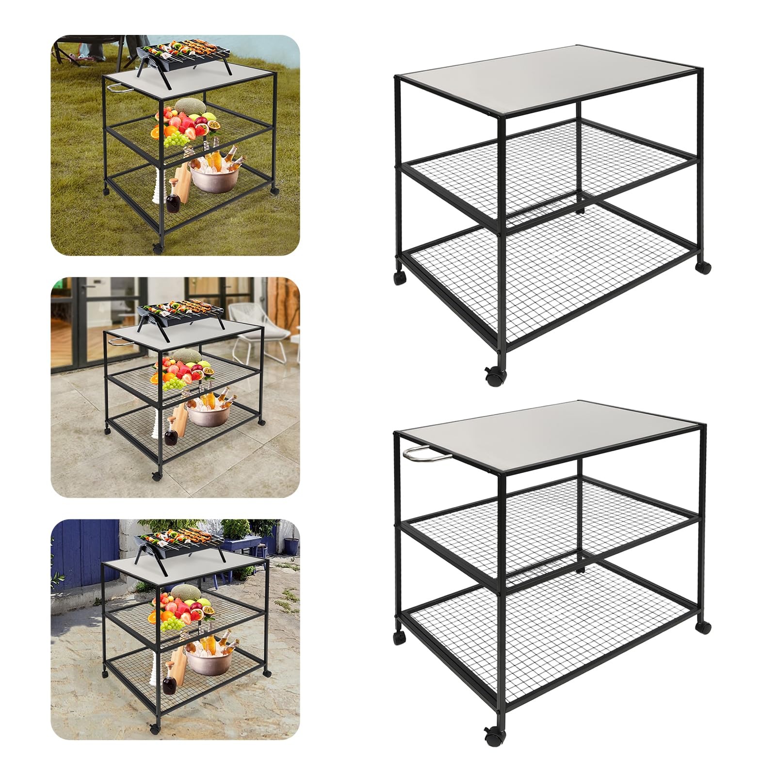 RIAHNEAH Outdoor Grill Cart with Wheels, Picnic Table with 3 layerStorage Shelves, Movable Dining Cart Worktable Trolley for BBQ, Portable Dining Cart Patio Bar Table