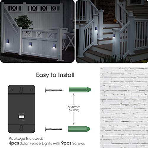 LOHAS LED Solar Fence Lights Outdoor, IP65 Waterproof Solar Deck Lights, Super Bright 6000K Solar Wall Lights, Auto On/Off Solar Lights, Ideal for Patio, Front Door, Backyard, Garage, Garden, 4 Pack