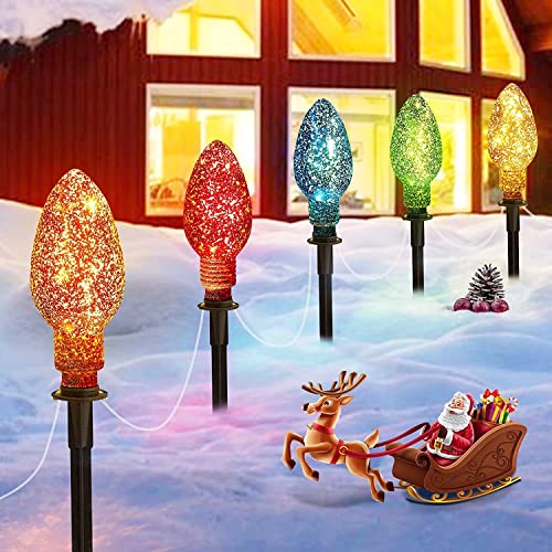 Christmas Pathway Lights Outdoor 2 Pack - 2* 6.5 Feet 5 LED Jumbo C9 Christmas Walkway Lights, Multicolor Christmas Bulb Pathway Lights, Christmas Decorations for Outdoor Yard Lawn Holiday Driveway