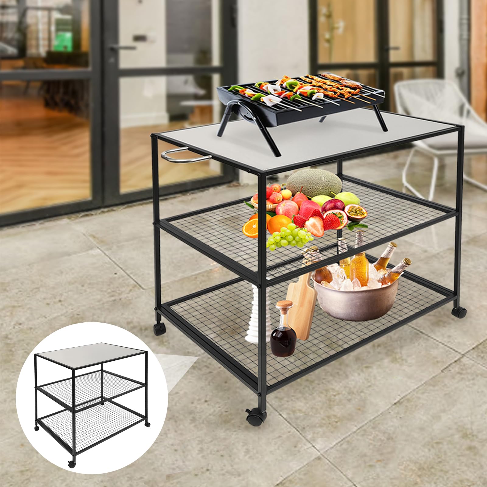 RIAHNEAH Outdoor Grill Cart with Wheels, Picnic Table with 3 layerStorage Shelves, Movable Dining Cart Worktable Trolley for BBQ, Portable Dining Cart Patio Bar Table