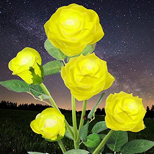 JORETLE Outdoor Solar Flower Lights Solar Rose Lights Solar Lights Outdoor Decorative with 5 Rose Flowers Suitable for Garden, Courtyard, Backyard Decoration, Waterproof ïŒYellowïŒ