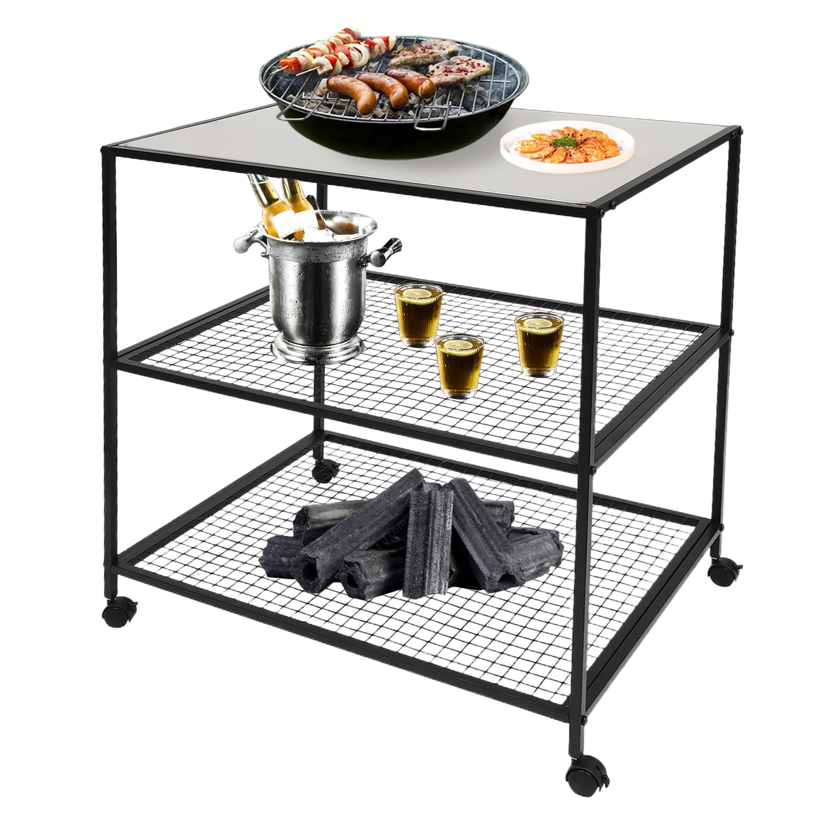 RIAHNEAH Outdoor Grill Cart with Wheels, Picnic Table with 3 layerStorage Shelves, Movable Dining Cart Worktable Trolley for BBQ, Portable Dining Cart Patio Bar Table