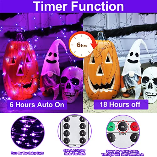 2 Set Halloween Lights Decorations, Total 400LED/131.2Ft Timer 8 Modes Remote Waterproof Battery Box Copper Fairy String Lights Halloween Decor Indoor Outdoor Garden, 200LED/65.6Ft Each (Purple)