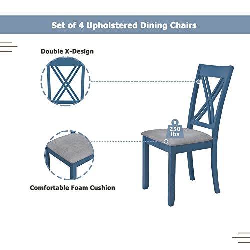 WOZNLA 5-Piece Rustic Round Dining Set-Minimalist Wood Kitchen Table with 4 Comfortable X-Back Padded Chairs-Ideal for Cozy Gatherings, Blue