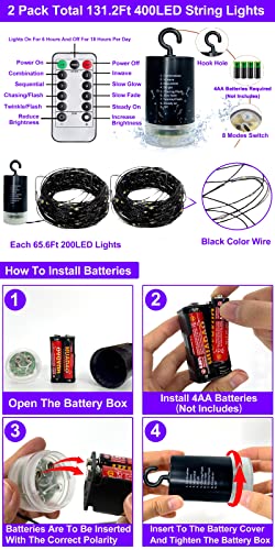 2 Set Halloween Lights Decorations, Total 400LED/131.2Ft Timer 8 Modes Remote Waterproof Battery Box Copper Fairy String Lights Halloween Decor Indoor Outdoor Garden, 200LED/65.6Ft Each (Purple)