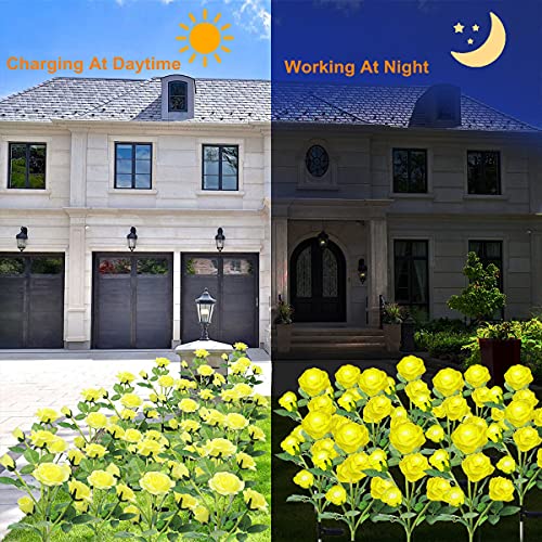 JORETLE Outdoor Solar Flower Lights Solar Rose Lights Solar Lights Outdoor Decorative with 5 Rose Flowers Suitable for Garden, Courtyard, Backyard Decoration, Waterproof (Yellow)