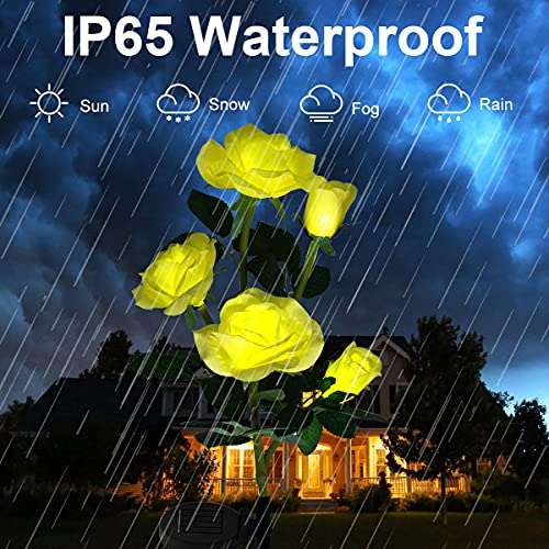 JORETLE Outdoor Solar Flower Lights Solar Rose Lights Solar Lights Outdoor Decorative with 5 Rose Flowers Suitable for Garden, Courtyard, Backyard Decoration, Waterproof (Yellow)