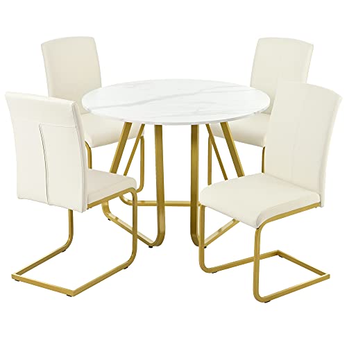 YuiHome 5-Piece Round Dining Furniture Set with Faux Marble Table and Four Chairs with Metal Legs for Kitchen, and Living Room, 5Pcs, White