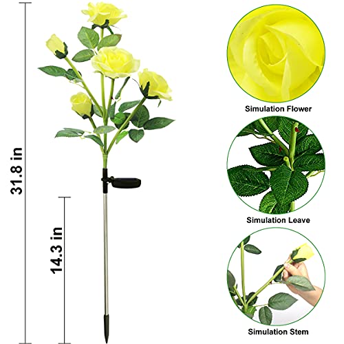JORETLE Outdoor Solar Flower Lights Solar Rose Lights Solar Lights Outdoor Decorative with 5 Rose Flowers Suitable for Garden, Courtyard, Backyard Decoration, Waterproof (Yellow)