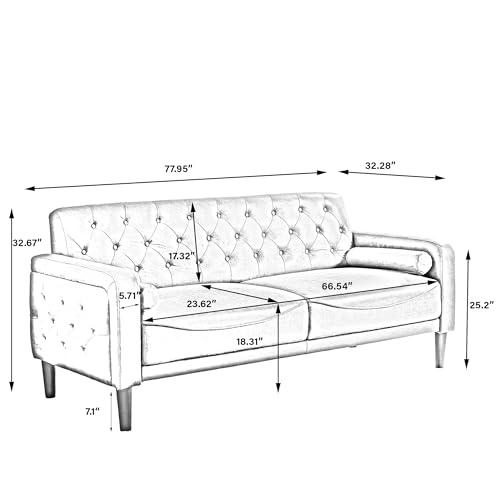 Lunanniu 78 Inch Vegan Leather Sofa Faux Leather Couches Loveseat Button Tufted Back Mid Century Modern 2 Bolster Pillows Solid Wood Frame and Legs 2 Seat Love Seat for Living Room Brown